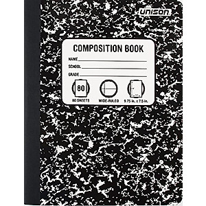 Bundle of 5 Wide Ruled Marbled Composition Notebooks; 1 of Each Color ;Red, Blue, Green, Yellow and Black