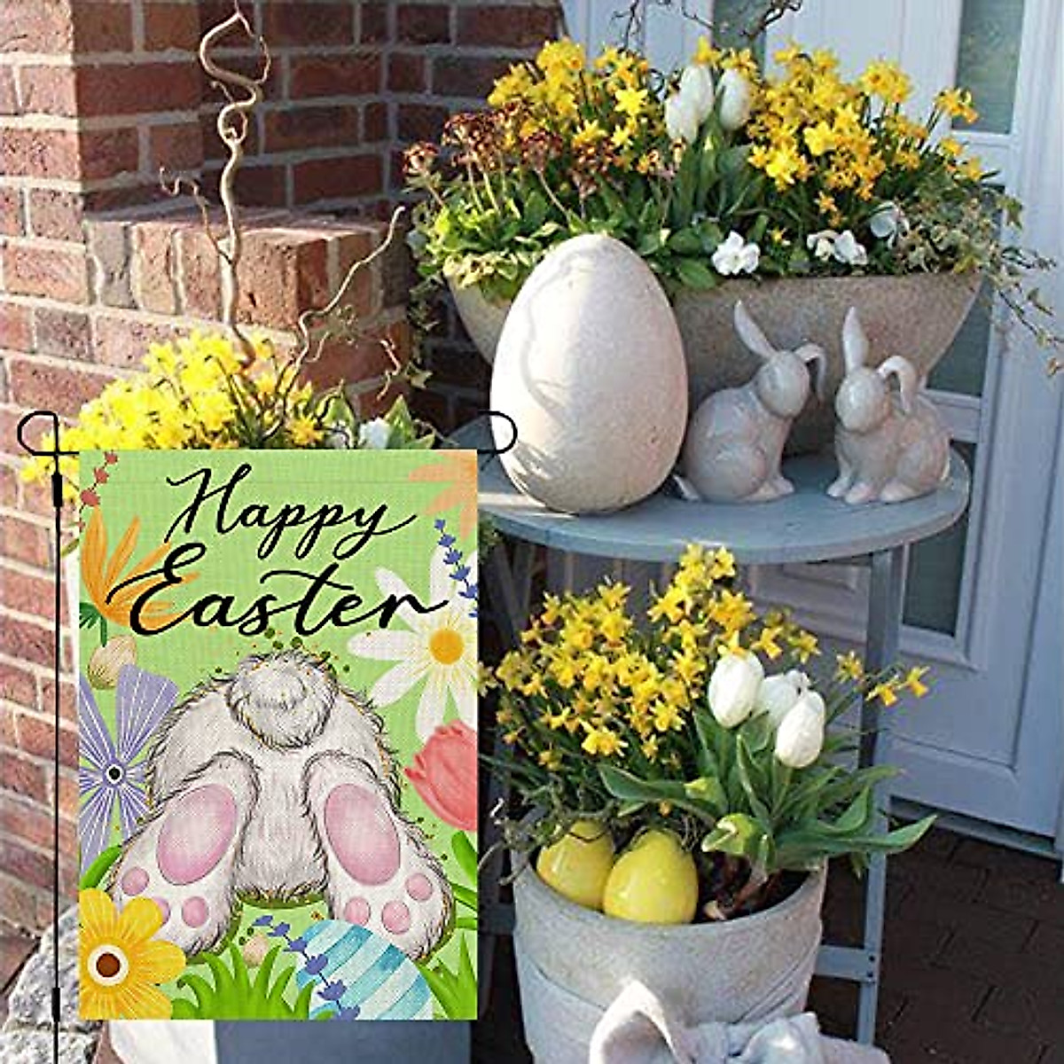 CROWNED BEAUTY Happy Easter Bunny Tail Garden Flag Floral 12x18 Inch Double Sided for Outside Burlap Small Yard Holiday Decoration CF704-12