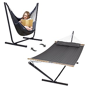 SUNCREAT 2-in-1 Outdoor Patio Hammock with Stand, Large Fluffy Pillow, Free Standing Double Hammock, Patent Pending, Dark Gray