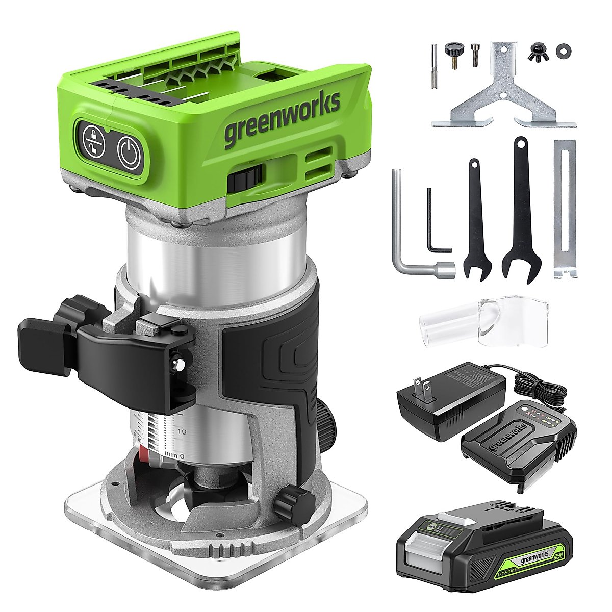 Greenworks 24V Cordless Trim Router, Variable Speed Brushless Motor Compact Palm Router with 2Ah Battery and Charger