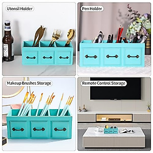 Wood Kitchen Storage Box for Storing Tableware Seasoning Tea Bags Coffee Bags Snacks Candy 3 Separate Parts of Wooden Pencil Pen Holder for Home Office Study Organizer Decoration (Blue)