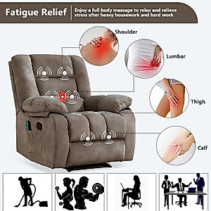 ANJHOME Overstuffed Massage Recliner Chairs with Heat and Vibration, Soft Fabric Single Manual Reclining Chair for Living Room Bedroom (Brown)