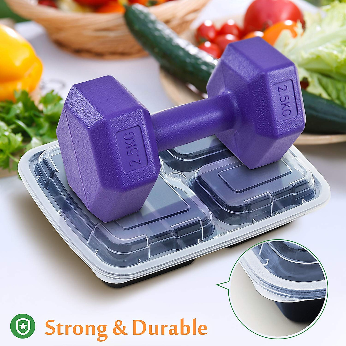 Enther Meal Prep Containers with Lids 20 Pack 3 Compartment Food Storage Bento Lunch Box BPA Free, Reusable, Microwave/Dishwasher/Freezer Safe, 24oz Black Small