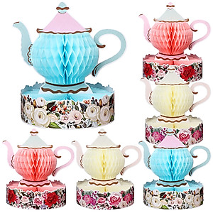 Wettarn 6 Pcs Floral Tea Party Decorations Princess Party Tea Honeycomb Tea Party Centerpieces for Tables Spring Summer Birthday Decors 3D Vintage Teapot Vase Decors for Wedding Girls Women (Floral)