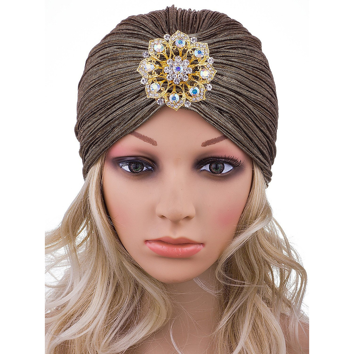 Vijiv Women's Vintage Lurex Knit Turban Beanie Hats Headwraps for 1920s Cocktail Party Gold