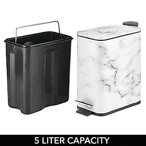 mDesign Slim Metal Rectangle 1.3 Gallon/5 Liter Trash Can with Step Pedal, Easy-Close Lid, Removable Liner - Narrow Wastebasket Garbage Container Bin for Bathroom, Bedroom, Kitchen - White Marble