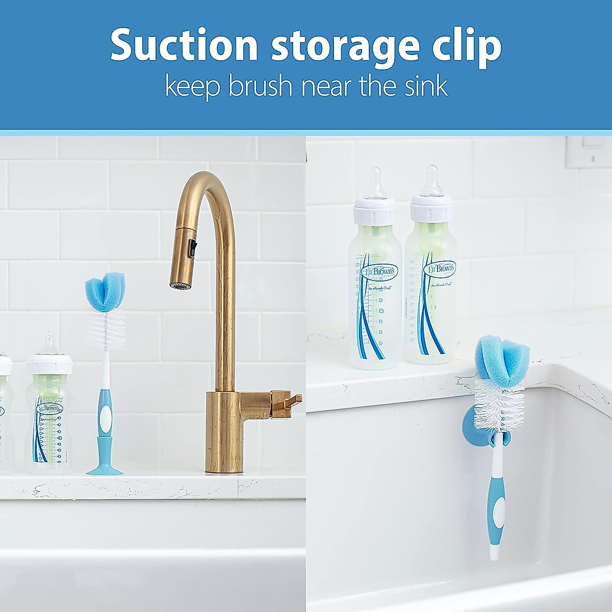 Dr. Brown's Reusable Sponge Baby Bottle Cleaning Brush Set with Suction Cup Stand, Scrubber and Nipple Cleaner, Blue 3-Pack