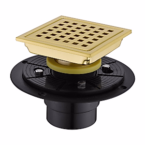 Orhemus 4 Inch Square Shower Drain with Adjustable Shower Drain Base Flange, SUS 304 Stainless Steel Floor Drain with Removable Cover Grid Grate, Brushed Gold Brass Finished