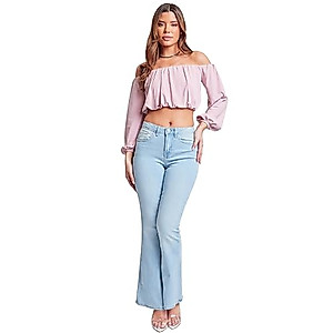 YMI Junior Women's Classic High Waisted Bell Bottom Denim Jeans (Light Blue,3)