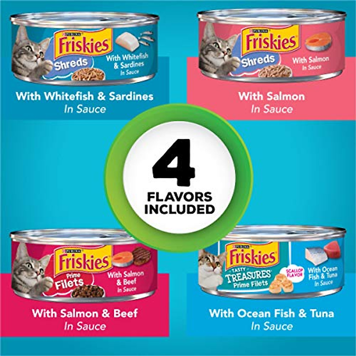 Purina Friskies Wet Cat Food Variety Pack, Fish-A-Licious Shreds, Prime Filets & Tasty Treasures - (32) 5.5 Oz. Cans