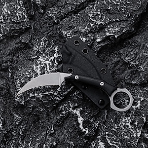 OOULORE Fixed Blade Knife, D2 Stonewashed Steel Blade G10 Handle, Tactical EDC sharp Claw Knife, Utility Knife for Outdoor Survival Hiking Camping with Kydex Sheath OK1213 (Silver)