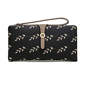 CornerLife Womens Large Wristlet Wallet Bifold with Floral Pattern Card Case Wallet Checkbook Organizer Clutch with Zipper Phone Pocket Girls Cute wallets (Black)