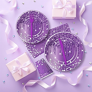 YJRJSC Purple Plates And Napkins Party Supplies - Purple Party Decorations Tableware, Paper Plate, Napkin, Cup, Disposable Cutlery, Glitter Purple Bridal Shower Birthday Table Decorations | Serve 24