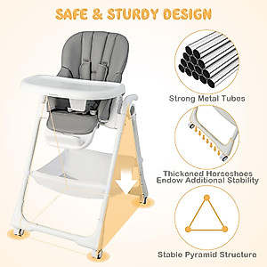 BABY JOY Baby High Chair, Foldable Highchair w/ 7 Heights, 5 Recline Positions, Adjustable Footrest, Removable Double Tray, Storage Basket, Portable High Chairs for Babies & Toddlers with Wheels, Gray