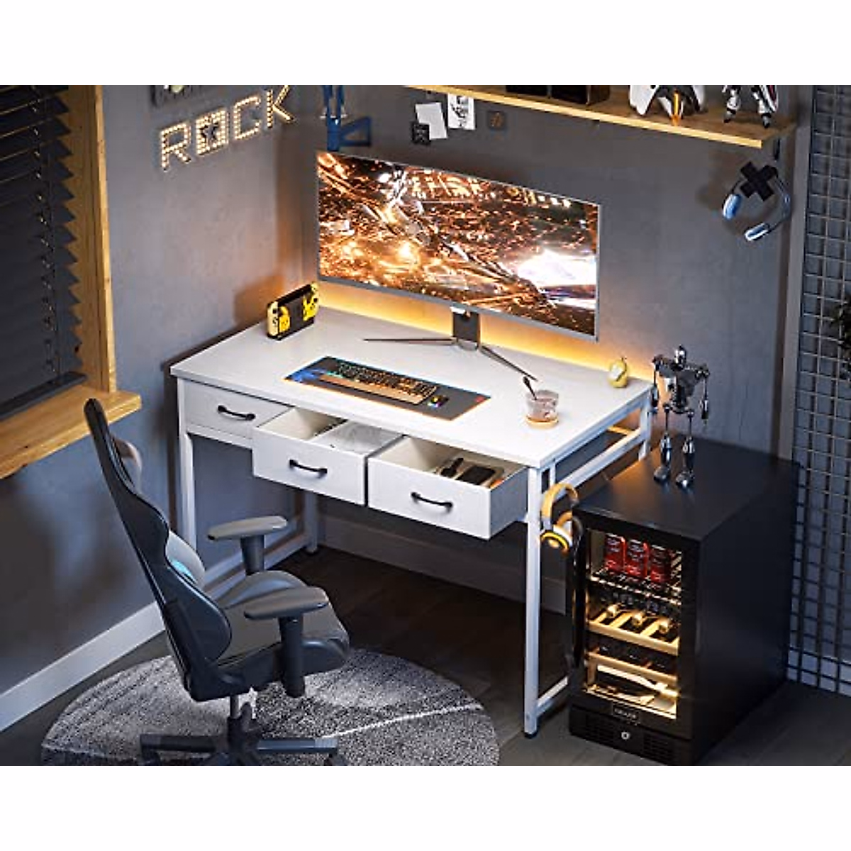 ODK 40 Inch Small Computer Desk with 3 Cloth Drawers for Home Office, Vanity Desk with Storage and Hook for Bedroom, Work Desk, Study Writing Table, White