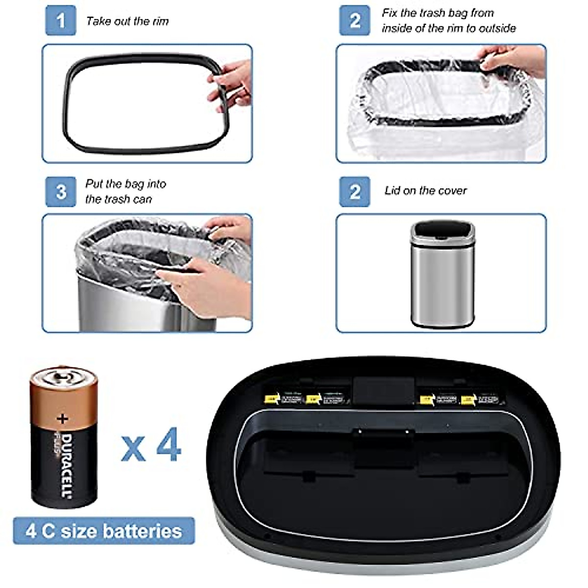 Trash Can 13 Gallon Electronic Touchless Tainless-Steel Trash Bin, Automatic Smart Motion Sensor Kitchen Garbage Can with Lid, Automatic Closure & Opening Waste Bins for Office Bedroom (Silver)