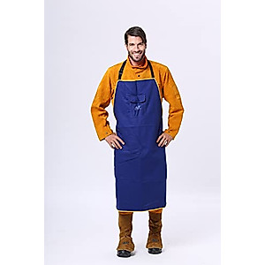 Welding Apron, Fire Resistant Fireproof Apron Metal Working Welder Work Safety Protection Apron Blue for Welding Cutting Cooking with One Pocket