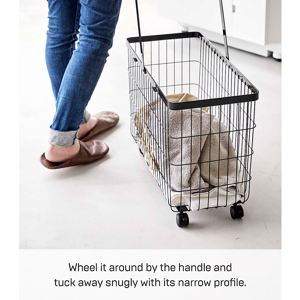 YAMAZAKI Home Small Rolling Laundry Basket Metal Hamper Cart with Wheels and Handle | Steel, One Size, Black