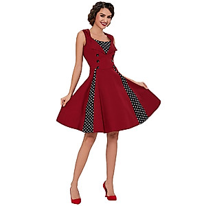 KILLREAL Women's Vintage Polka Dot Print A-Line Pin Up Style Sleeveless Cocktail Party Casual Dress Wine Red Medium