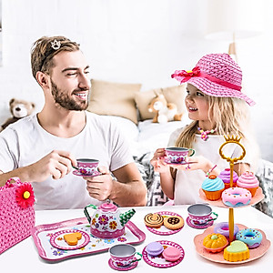 34PCS Kids Tea Party Set for Little Girls, Tin Tea Set Pretend Play with Girl Purse & Tea Party Hat Jewelry Set, Teapot Tea Cups Play Dishes, Birthday Gift Toys for Toddler Girl Kid Age 3+