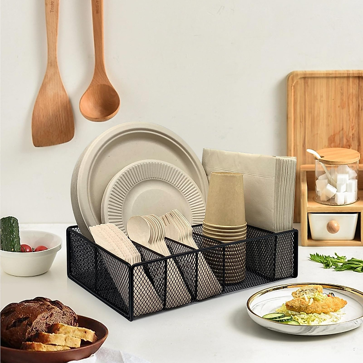 DysanVica Metal Paper Plate Dispenser - Utensil Holder for Kitchen Counter Cabinet Silverware Caddy Cutlery Flatware Organizer Storage Box for Plastic Spoon Fork Plates Napkins Cup Party Camping Black