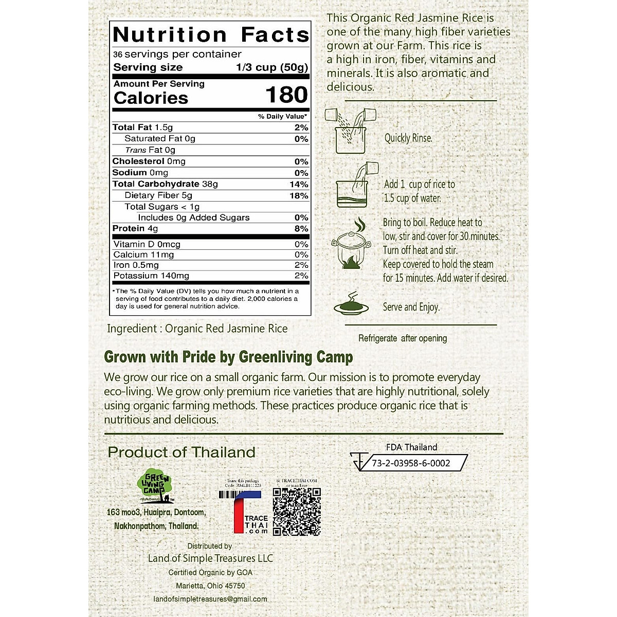 Organic Red Jasmine Thai Rice - High Fiber Superfood - Gluten Free, Preservative Free, Small Lot Farmed from Thailand - 4 LB