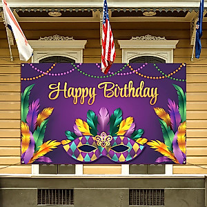 Pudodo Mardi Gras Birthday Backdrop Banner Mask Feather Masquerade Carnival Themed Party Photography Background Wall Decoration