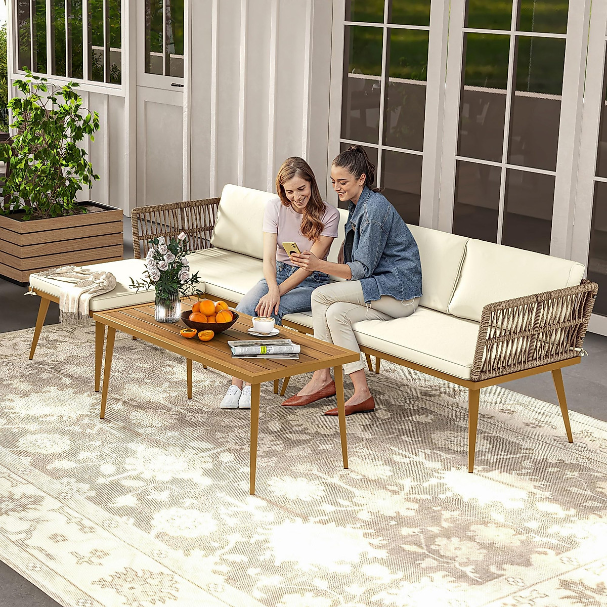 DWVO 4 Pieces Patio Furniture Set, Sectional L-Shaped Sofa for Patio Backyard Poolside Porch, All-Weather Rattan Woven Conversation Set Detachable Lounger with Side Table & Cushions (Beige)