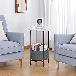 LEMONDA 26" High Marble White Round End Table with Storage,Small 2 Tiers Round Side Table with Basket for Living Room Bedroom,Round Sofa Table Nightstand Bedside Table for Small Spaces