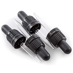 Plant Therapy Glass Droppers, 4 Pack | Use With 10 mL Essential Oil Bottle | Black Bulb Polypropylene Plastic Cap With Straight Glass Pipette Dropper, Tamper Evident Seal