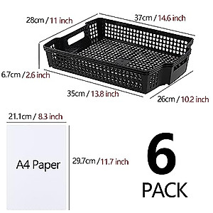 Gloreen 6 Pack A4 Paper Stacking Storage Basket Tray, Black, Shallow Baskets for Storage