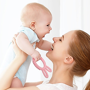 MISSLILI Silicone Babies Teethers Baby Teething Toys for Soothe Massage Sore Gums for 3-12 Months Infants, BPA Free, Ring Shape Rabbit Ear Design (Pink)