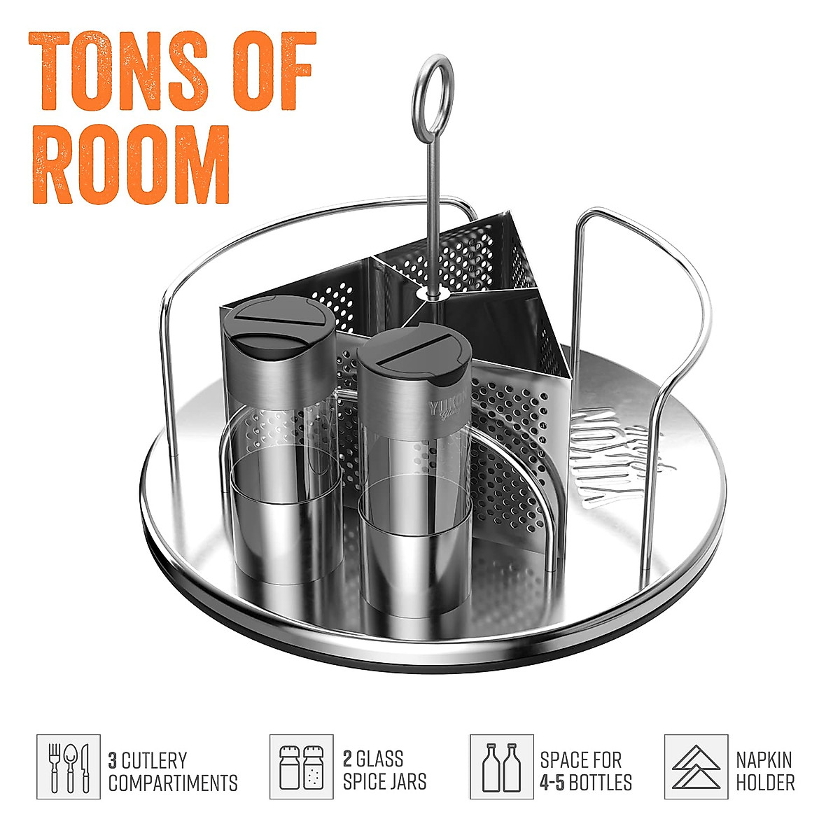 Yukon Glory Lazy Susan Caddy for Utensils, Condiments, Napkins, Salt & Pepper, Ideal for Picnics, Smokers, Patio Tables and Outdoor Grills - Griddling & Grilling Accessory