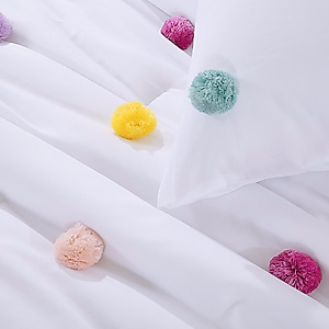 HOMBYS Pom Poms Bedding Comforter Set for Girls, 5 Piece White Pink Boho Kids Comforter Set for All Season，Twin/Twin XL Size