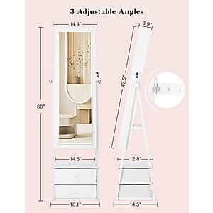 Nicetree Jewelry Cabinet Armoire with 2 Drawers, Lockable Standing Jewelry Mirror Cabinet, Full Length Mirror with Jewelry Storage, White