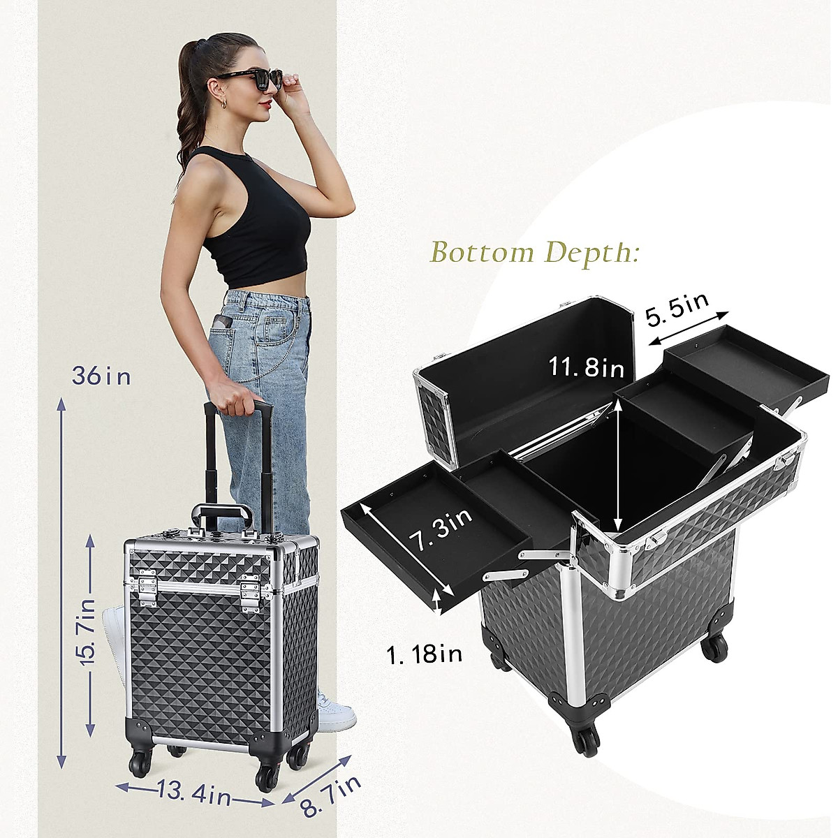 Mecucasi Rolling Makeup Train Case Large Cosmetic Trolley Organized Aluminum Barber Case for Hairstylist Makeup Nail Tech Salon with Keys Swivel Wheels Traveling Cart Trunk - Black