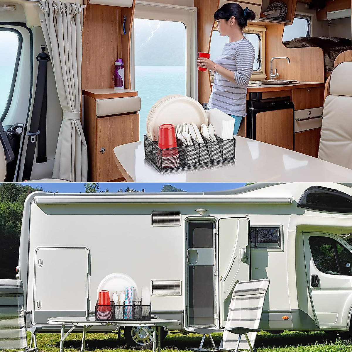 Paper Plate Organizer for Countertop, Metal Silverware Caddy with 6 Compartments for Plate, Cup, Fork, Knives, Spoon, Napkin, Paper Plate and Utensil Holder Caddy for Party, Camping, Picnic (Black)