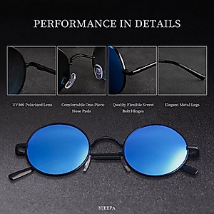 NIEEPA Vintage Round Polarized Hippie Sunglasses Small Circle Metal Driving Sun Glasses (Black Frame/Blue Mirror Lens)
