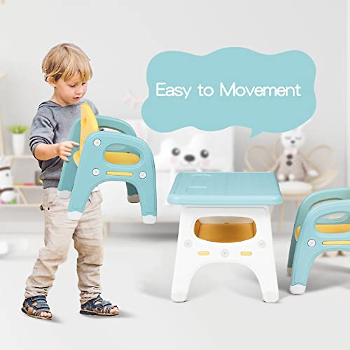 Elepude Kids Table and Chairs Set Plastic Durable Toddler Table and Chair Set -Children Activity Table and 2 Chairs for Drawing, Painting, Arts and Crafts, Gift for Boys Girls (Blue&Yellow)