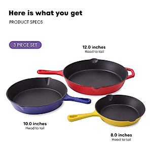 Klee Enameled Cast Iron Skillet, Set of 3 (8-inch, 10-inch, 12-inch) - Multipurpose Cooking Pan with Porcelain Enamel Coating and Pour Spout - Safe for Any Stovetop and Oven Up To 500°F