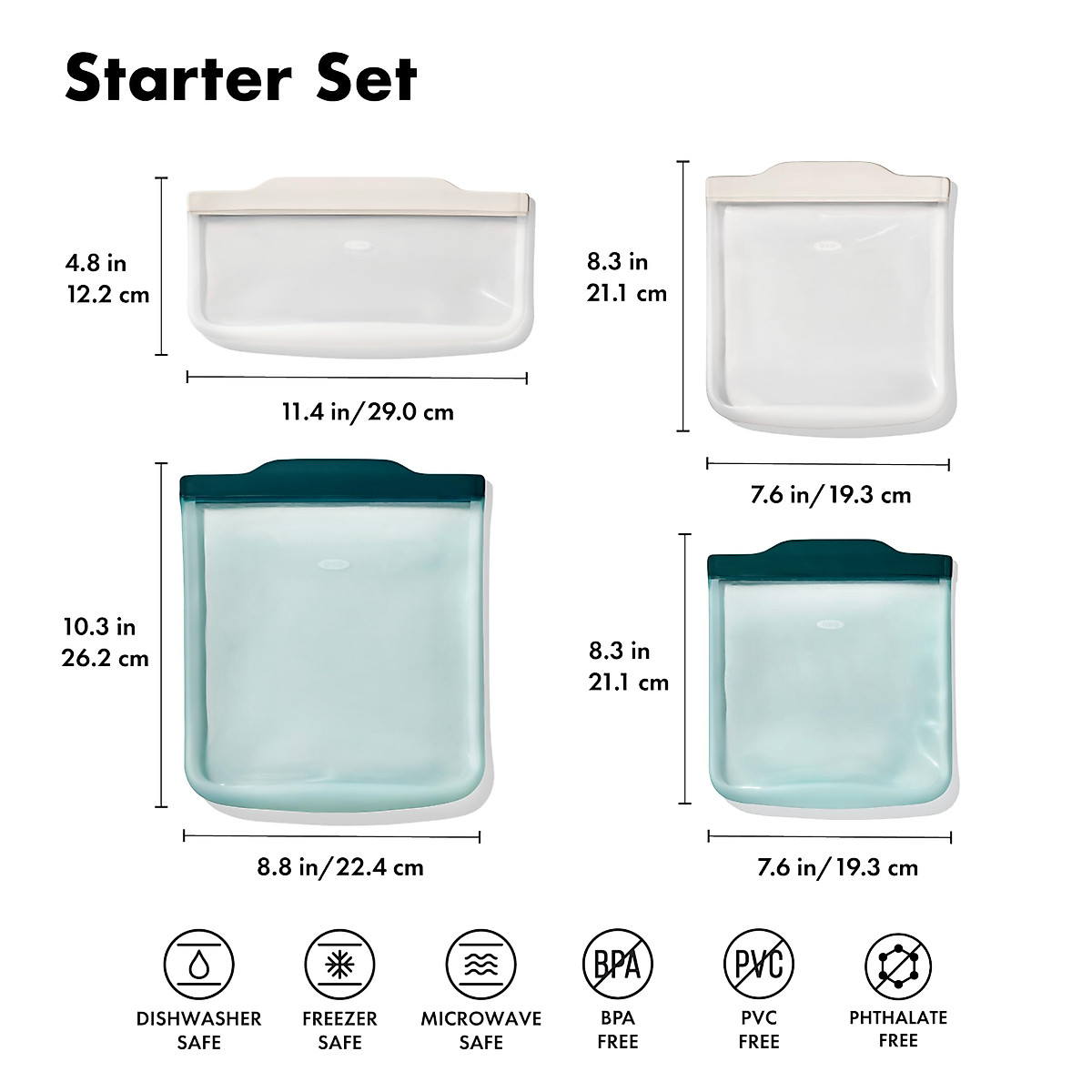 OXO Good Grips Silicone Reusable Bags – 4 Piece Starter Set - Oat/Lagoon
