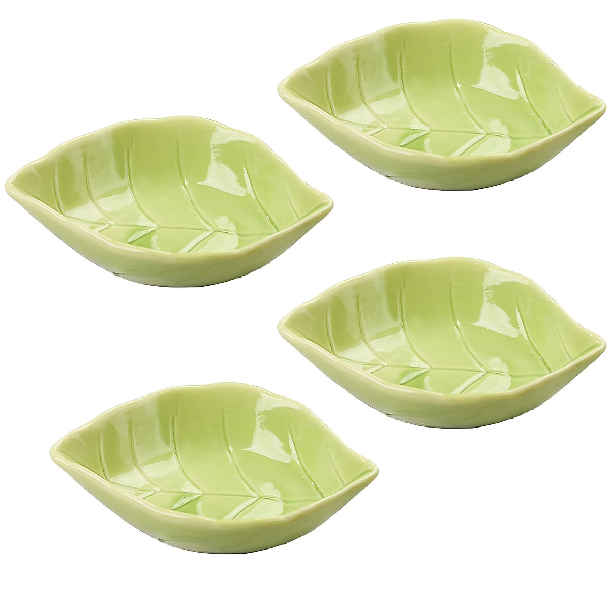 WAIT FLY Leaves Shaped Pattern Ceramic Seasoning Dishes/Tea Bag Holders/Ketchup Saucer/Appetizer Plates/Vinegar Spice Salad Soy Sushi Wasabi Seasoning Dipping Bowls-Green-4 PCS