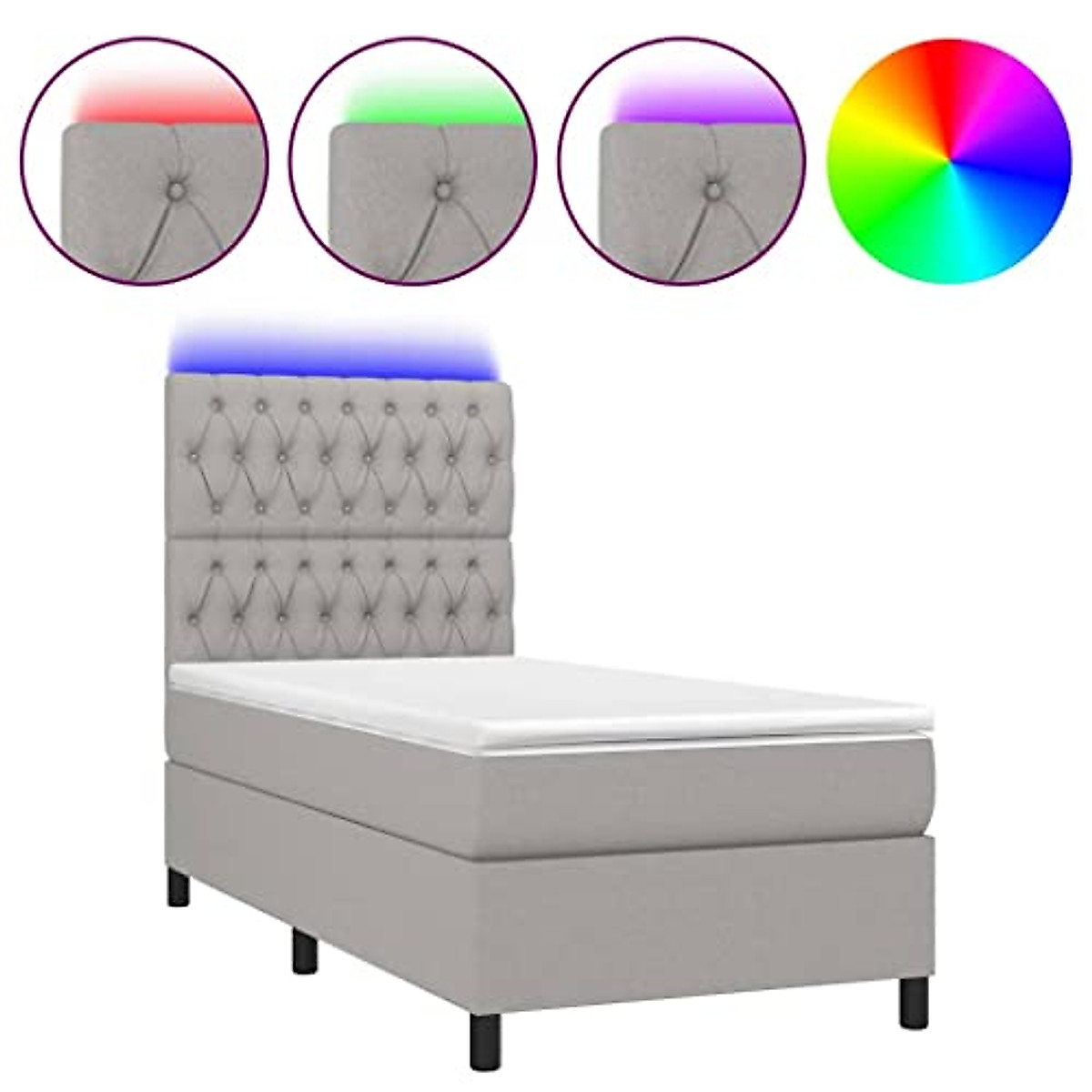 vidaXL Box Spring Bed with Mattress and LED Bedroom Upholstered Single Bed Frame Base Mattress Protector Foam Topper Light Gray Twin XL Fabric