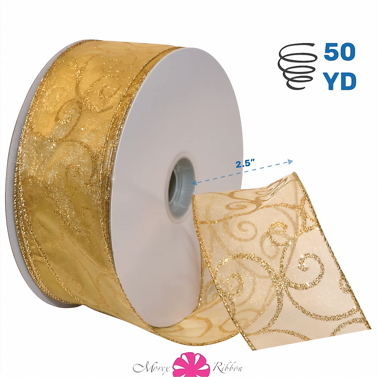 Morex Ribbon 7416.60/50-634 Swirl 2.5" X 50 YD Nylon Sheer Curling Wired Glitter Ribbon, Gold, Holiday Ribbons for Crafts and Christmas Decorations, Indoor Christmas Ribbon for Gift Wrapping