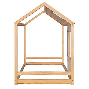 Twin House Bed for Kids, Wooden Twin Floor Bed Frame with Roof and Window, for Girls Boys (Twin Size, Natural+Antique White)