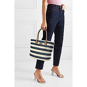 Striped Synthetic Straw Womens Tote Light Weight Vaction Shoulder Handbag (Navy)