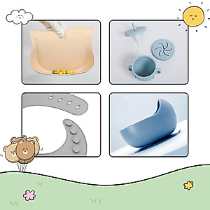 Suction Plates for Baby Set, 7 Pack CUAIBB Toddler Silicone Divided Plate and Bowl Set, with Water Cup Spoon Fork Pasta Spoon, Baby Led Weaning Supplies - Suction Cup Plates for Babies (Light Blue)