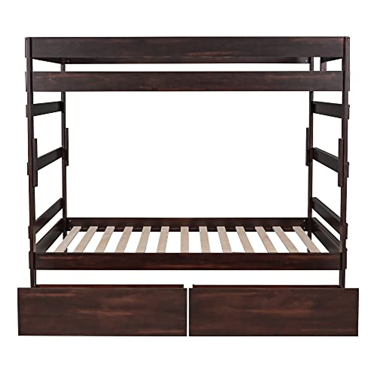 Full Over Full Bunk Bed with 2 Drawers, Solid Wood Bunk Bed Frame with Ladders & Storage Drawers, Bedroom Furniture Can Be Divided Into Two Individual Beds