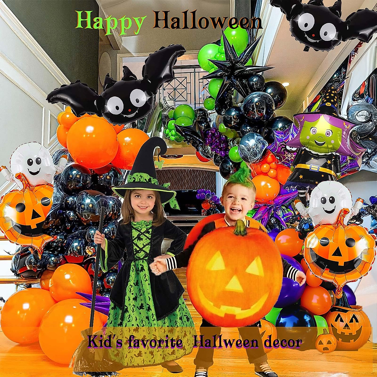 Halloween Balloon Garland Arch Kit 170pcs Orange and Black Purple green balloons with Spooky Spider Bat Pumpkin foil Balloons for fall Halloween Party Decorations
