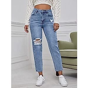 WDIRARA Women's High Waisted Ripped Jeans Distressed Tapered Stretchy Denim Pants Light Wash L